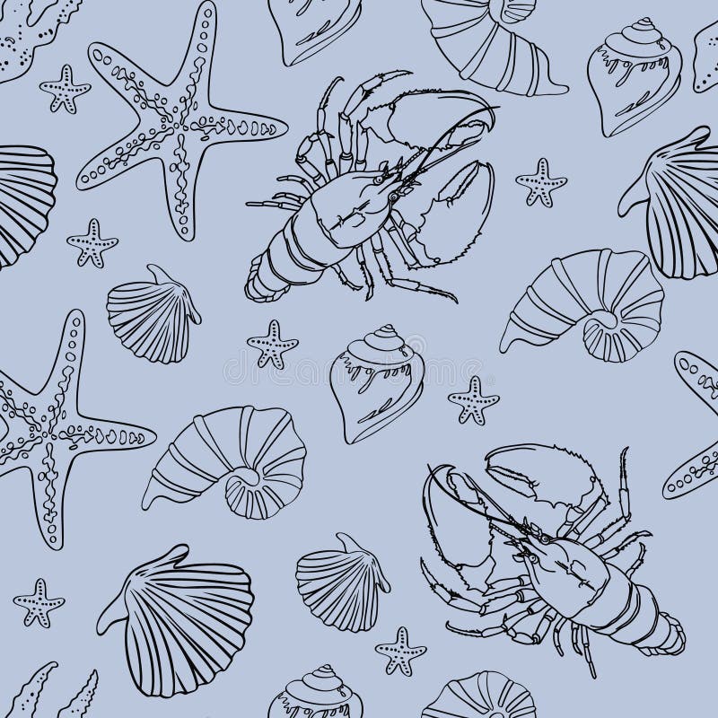Marine Motif. Lobster, Crayfish, Starfish, Sea Shells. Vector Seamless ...