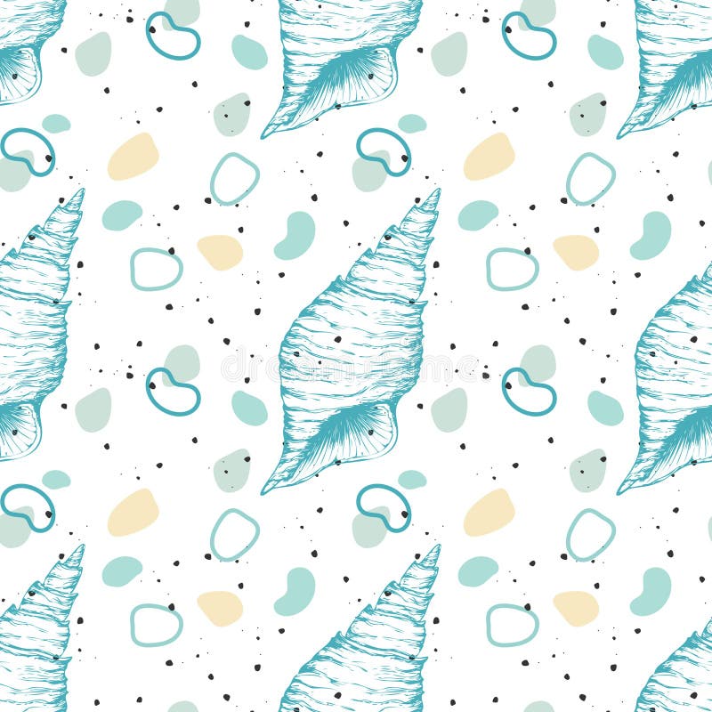 Marine Oceanic Pattern with Blue Seashell Hand Drawn. Stock Vector ...