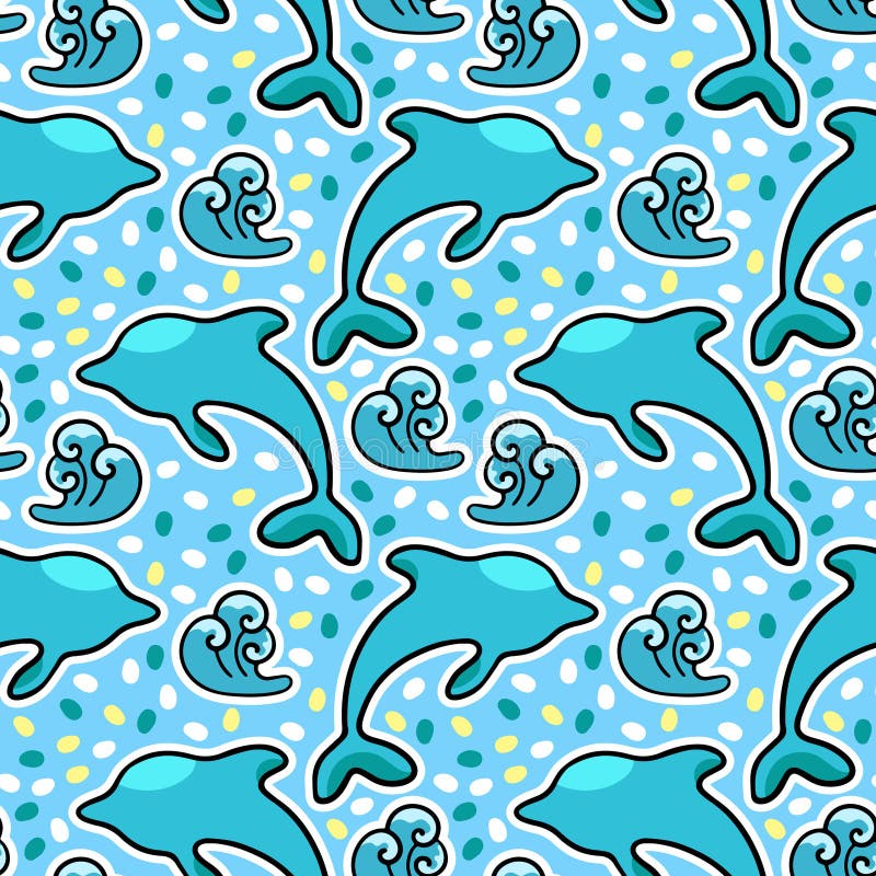 Marine Pattern with a Dolphin, Vacation, Vector Seamless Pattern in the Style of Doodles, Hand ...