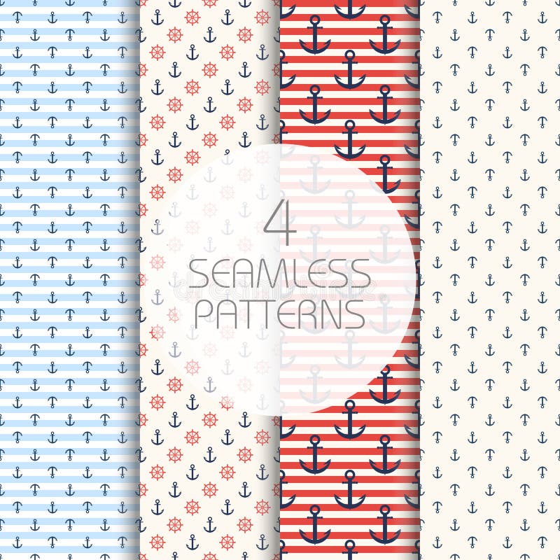 Marine Pattern Set. Four Navy Seamless Patterns. Ship Helm, Anchor ...