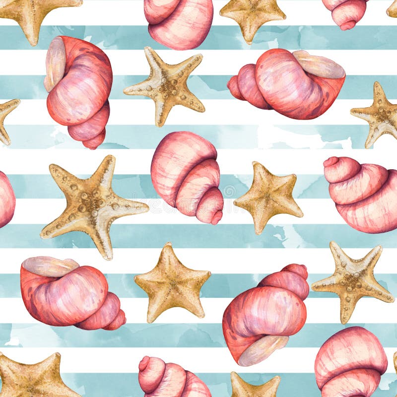 Marine Pattern with Shells 11. Seamless Pattern. Watercolor ...