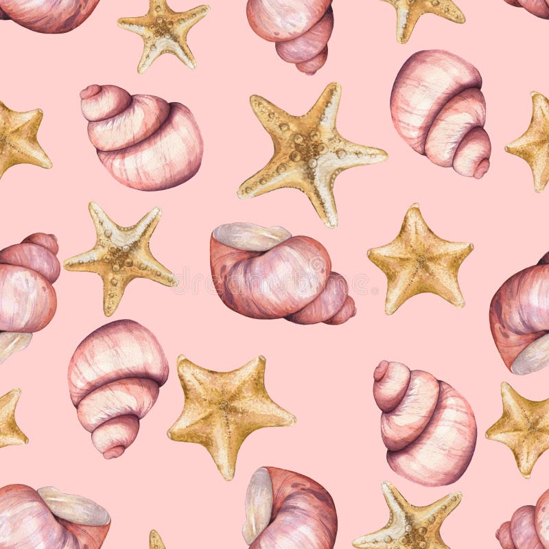 Marine Pattern with Shells. Seamless Pattern. Watercolor Illustration ...