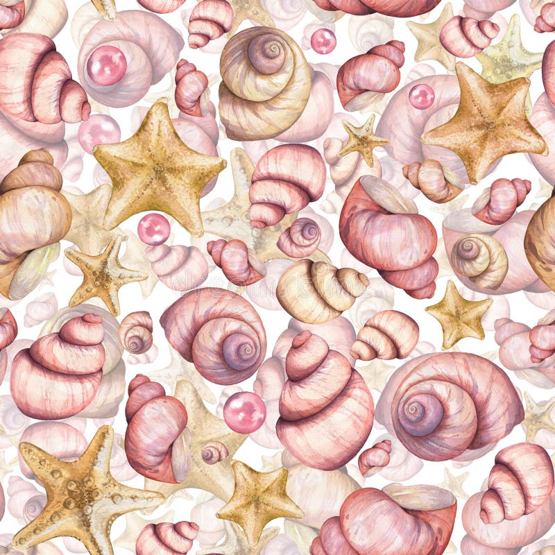 Marine Pattern with Shells 11. Seamless Pattern. Watercolor ...