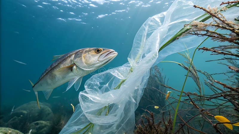 Marine Pollution Impact: Fish Entangled in Plastic Underwater Scene ...