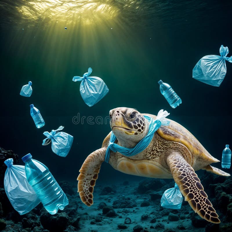 Marine Pollution Underwater with Turtle Entangled in Plastic Waste for ...