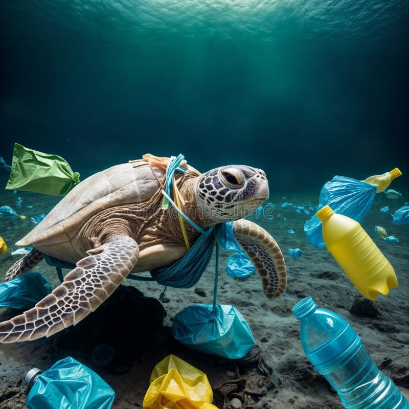 Ocean Pollution with Plastic Bags and Turtle Caught in Debris for Use ...