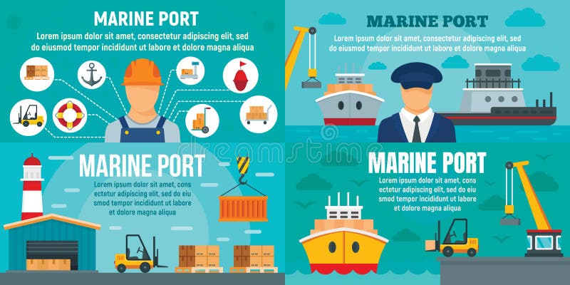 Marine Port Banner Set, Flat Style Stock Vector - Illustration of ...