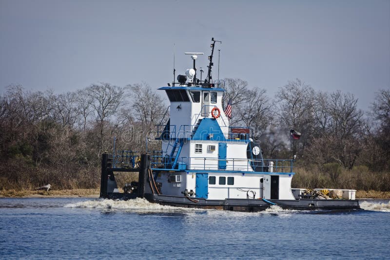 Marine Push Boat or Tug Boat in River with Barge Stock Photo - Image of ...