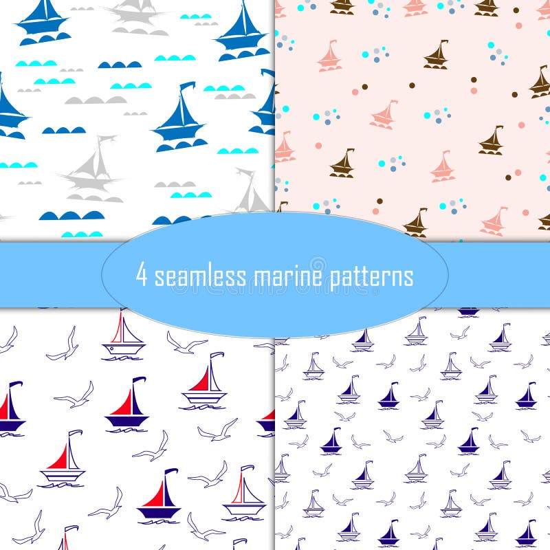 Marine, Sea Themed Seamless Patterns, Set of 4 Cute Patterns Stock ...