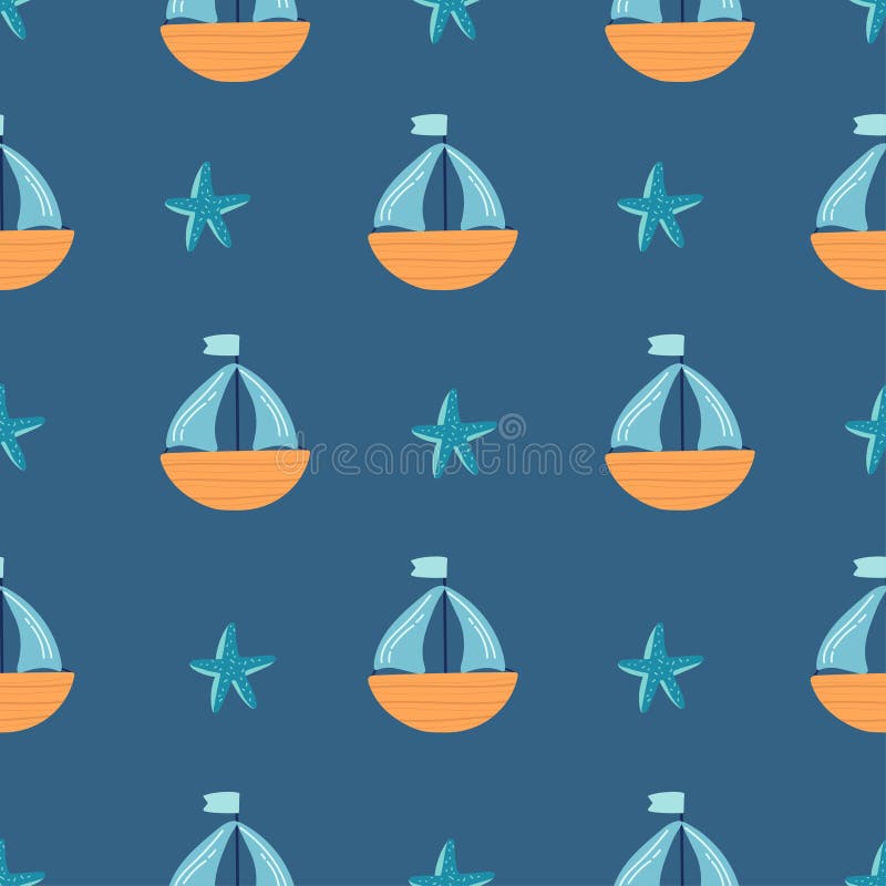 Marine Seamless Pattern with Cartoon Boats on Blue Background, Stock ...