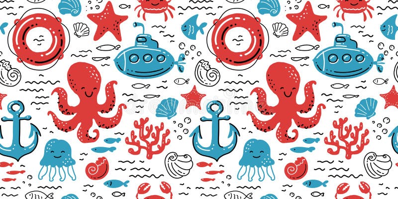 Marine Seamless Pattern. Nautical Background. Cute Cartoon Vector ...