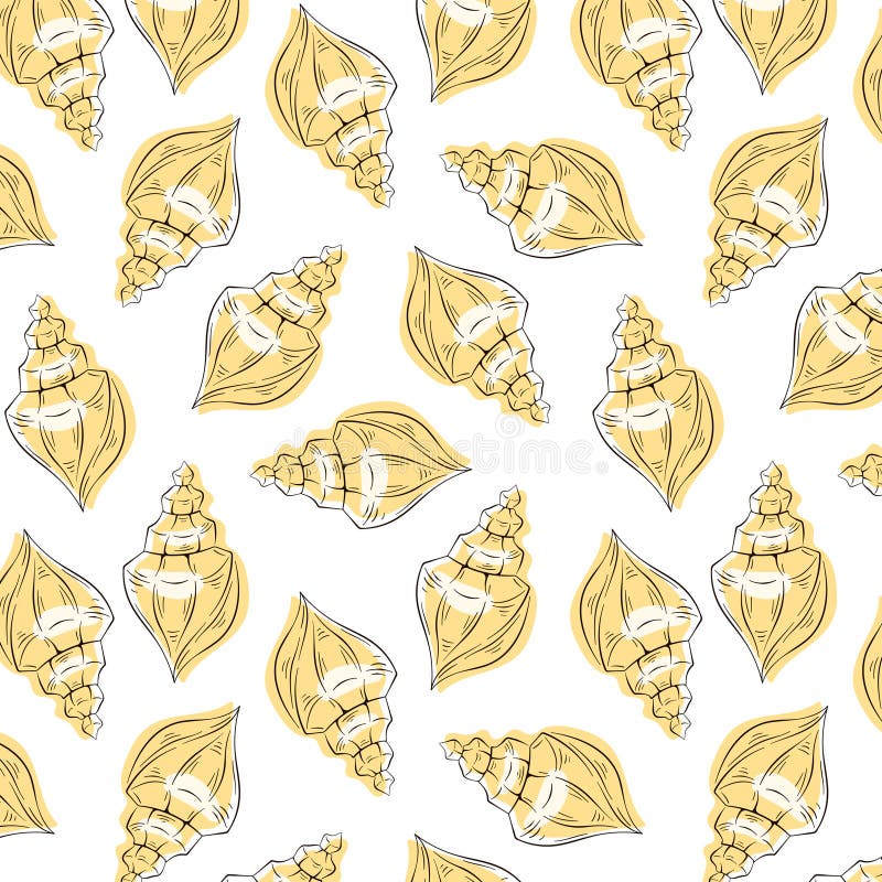 Marine Seamless Pattern of Seashells in Line Art Style. Vector Undersea ...