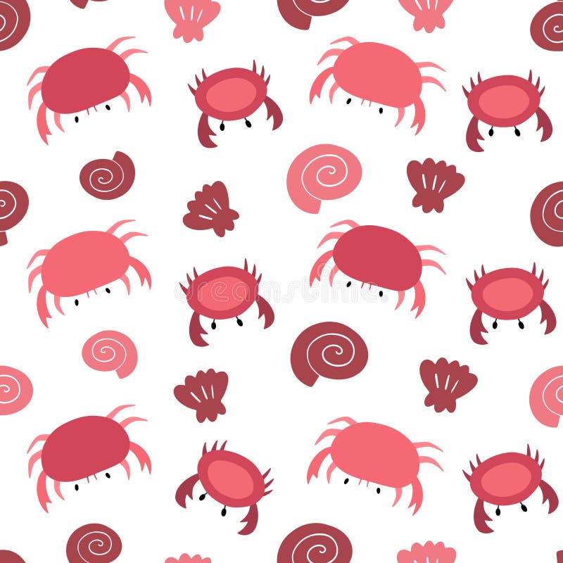 Marine Vector Seamless Pattern with Crabs and Shells. Doodle Style ...