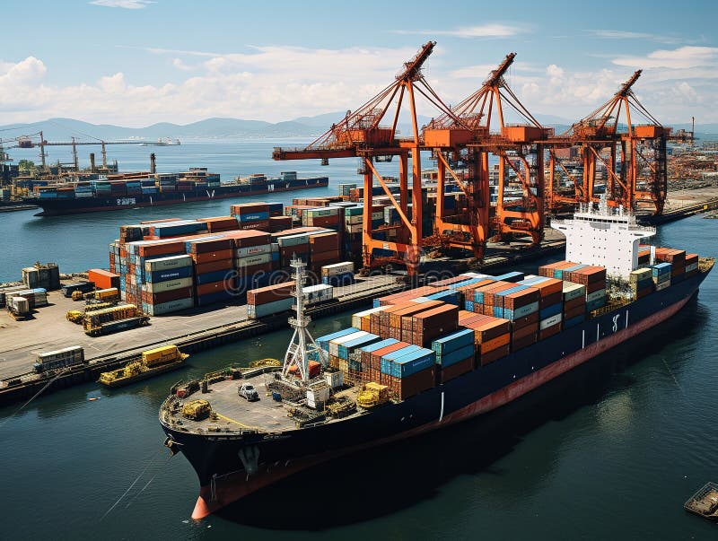 Maritime Activities: Busy Port with Constructions and Ships Stock ...