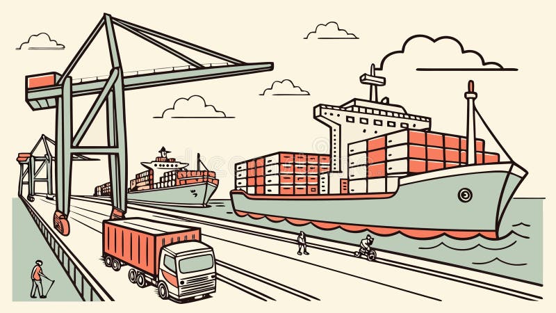 Maritime Commerce Cargo Ship Docked at a Seaport Terminal, Vector ...