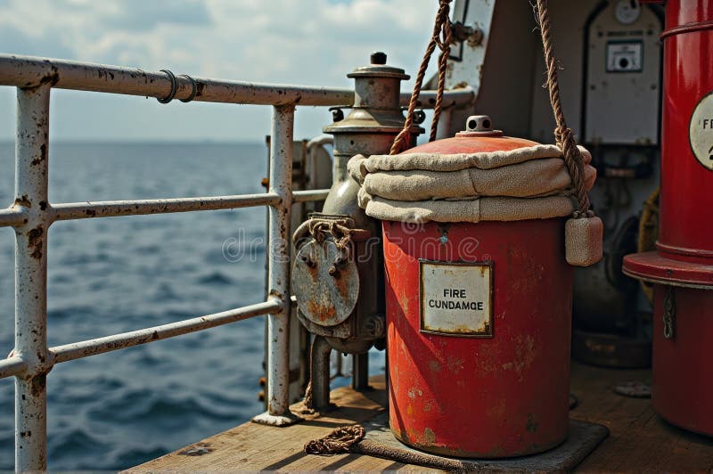 Maritime Fire Safety Equipment on Ship Deck by Ocean with Red Container ...
