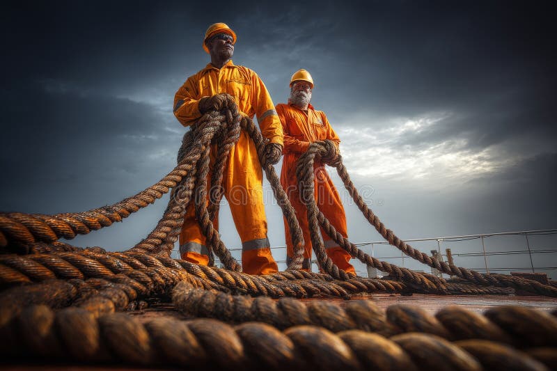 The Maritime Industry Relies on Teamwork, As Seen in Deck Crew Pulling Rope on Ship Stock Photo ...