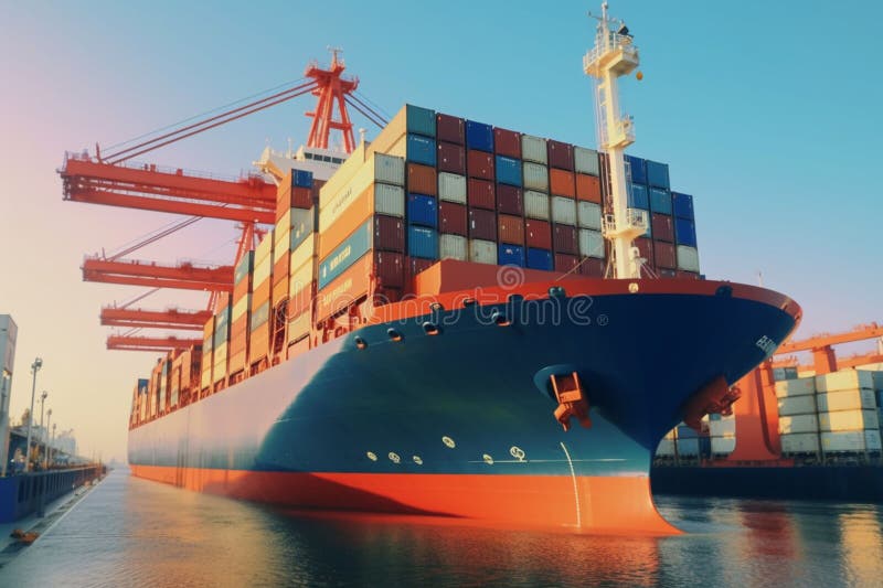 Maritime Logistics in Motion, Container Ship at Bustling Freight Port ...