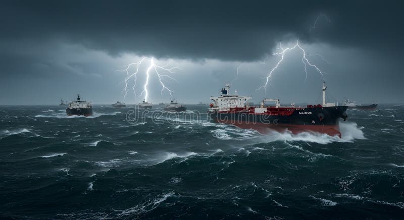 Ocean Freight Tanker Ships Sailing through a Violent Storm with ...