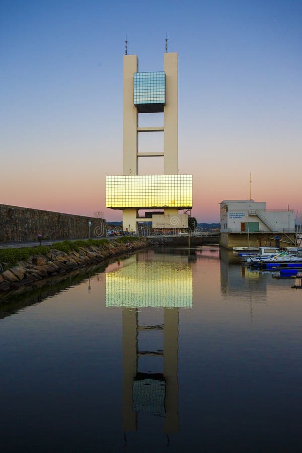 Maritime Watchtower of a Coruna Reflected in the Water at Sunset Stock ...