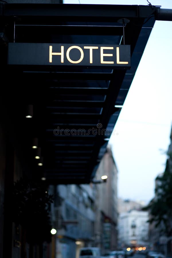 Luminous Neon Lights. Hotel Sign. Vertical. Stock Image - Image of ...