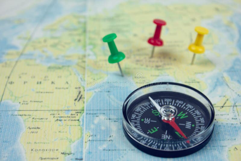 Marked on the Map with Marks and with a Compass Stock Image - Image of ...