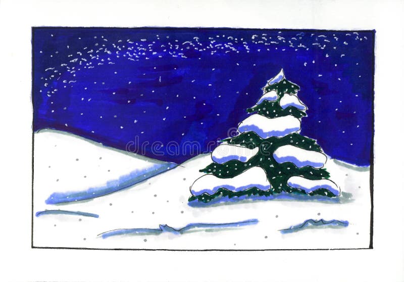 Marker Draw of a Night Winter Scenery Stock Photo - Image of cartoon ...