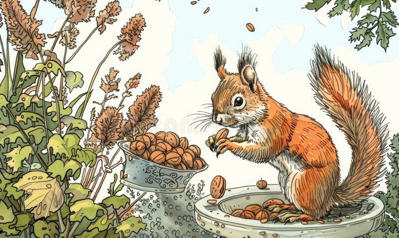 Marker Drawing of a Mischievous Squirrel Stealing Nuts from a Bird ...