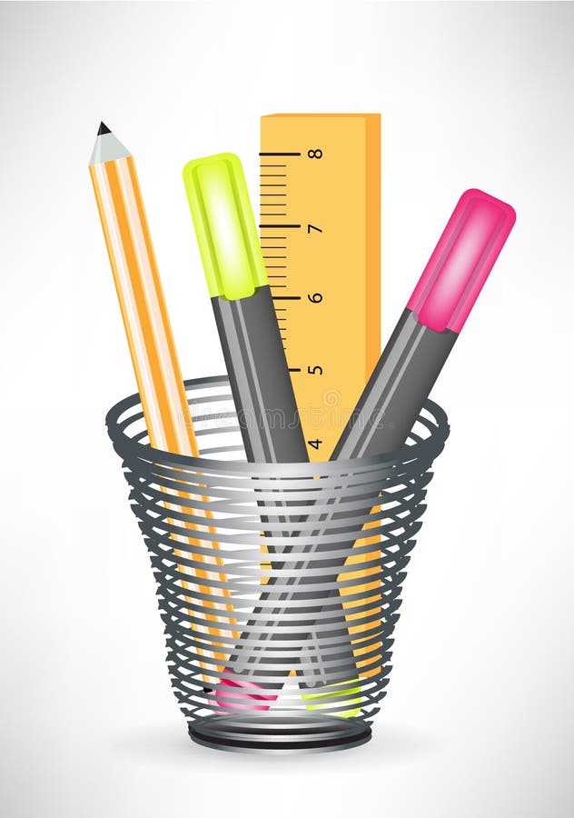 Markers Pencil and Ruler in Office Cup Stock Vector - Illustration of ...