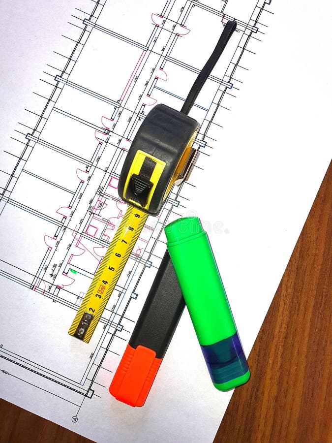 Markers and Ruler on a Project Stock Photo - Image of building ...