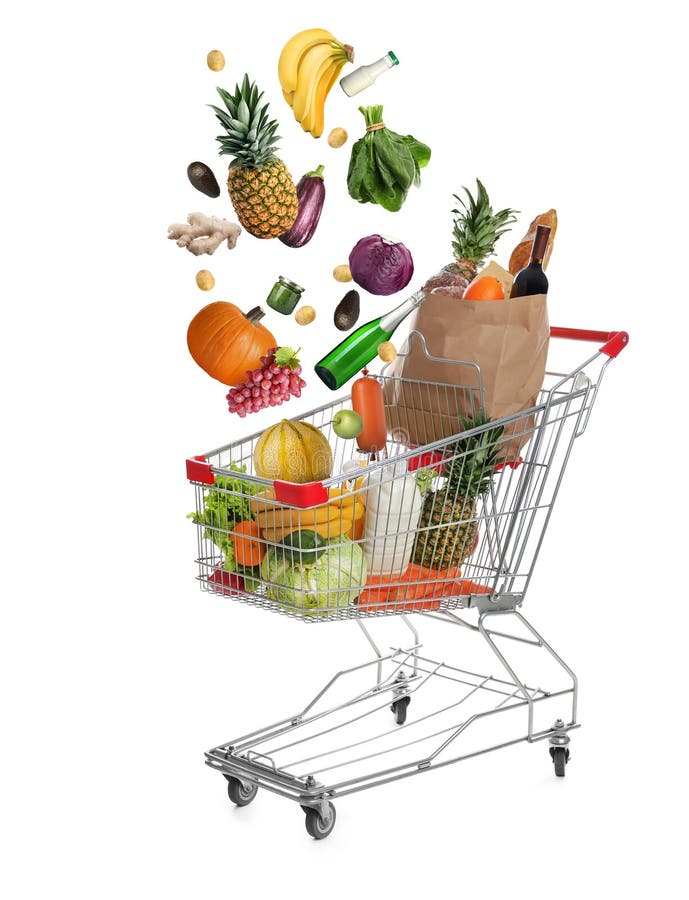 Market Assortment. Different Products Falling into Shopping Cart on ...