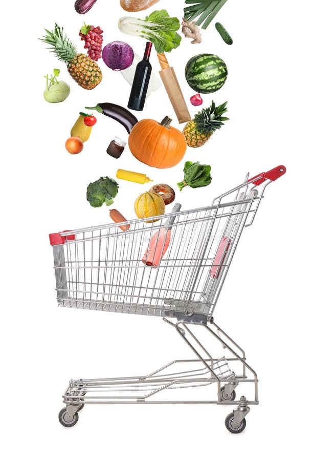 Market Assortment. Different Products Falling into Shopping Cart on ...