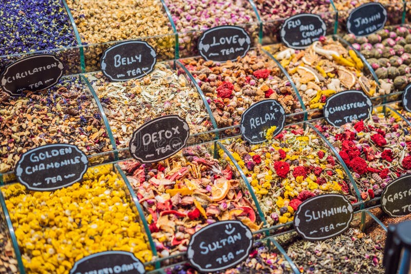 Market Counter with Different Types of Tea, Herbs, Plants, and Dried ...