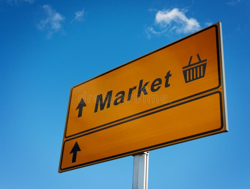 Market Road Sign with Arrows and Basket. Stock Image - Image of finance ...