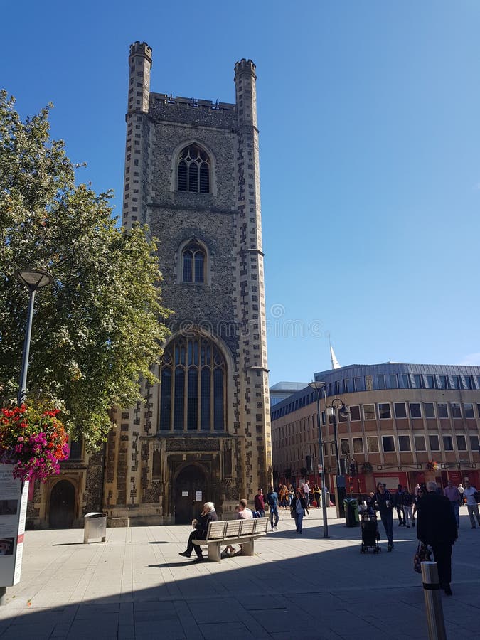 Market Square Reading and Church Tower with Bright Blue Sky Behind ...