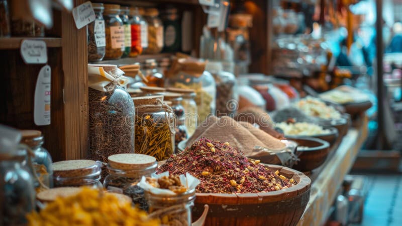 Market Stall with Assorted Spices and Herbs in Glass Jars Stock Photo ...