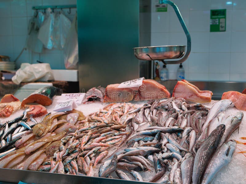 Market Stall with Freshly Caught Fish and Shellfish Stock Photo - Image ...