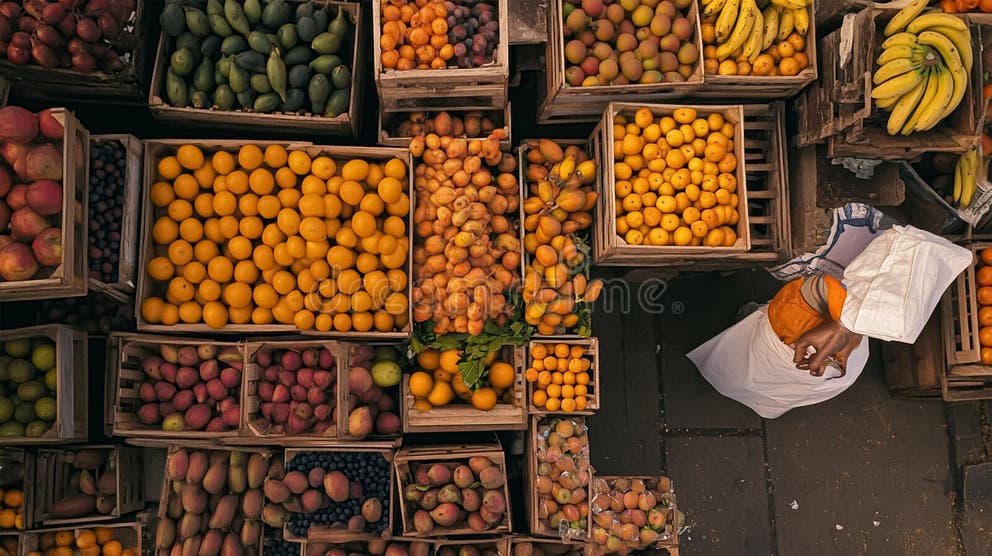 A Market Stall with Fruit in Crates. Top View Stock Illustration ...