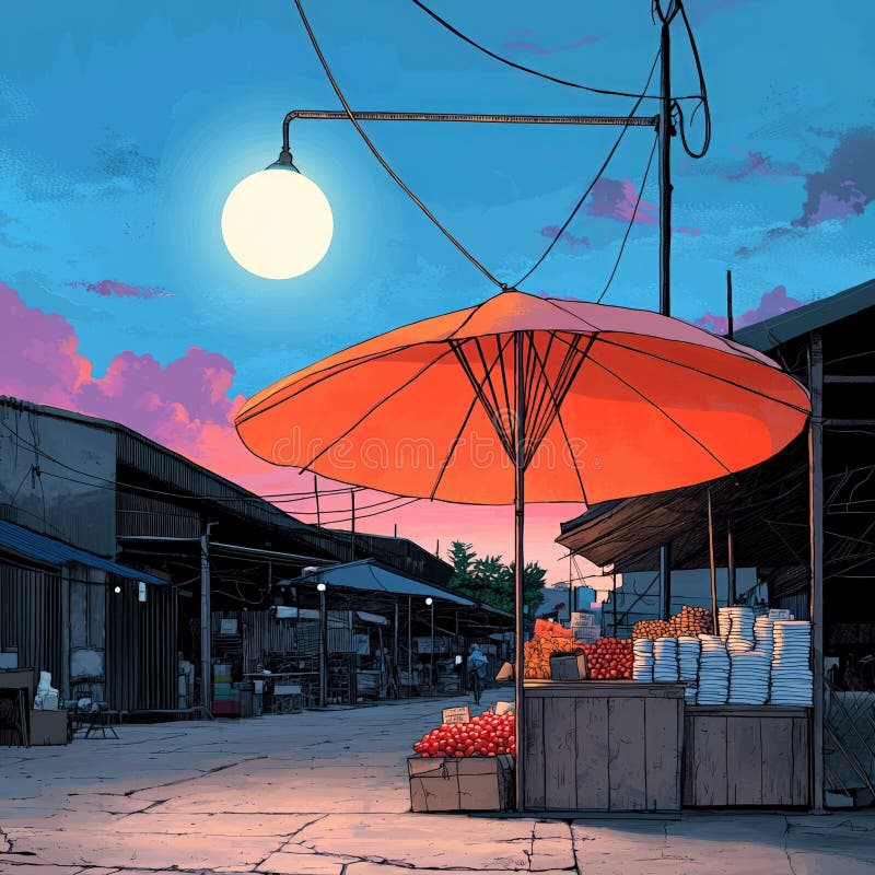 Market Stall Under Colorful Evening Sky Stock Illustration ...