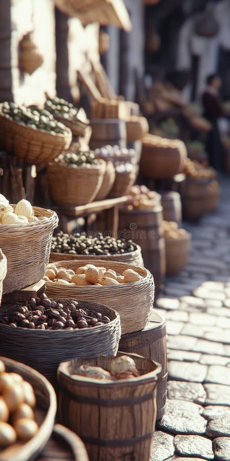 Market Street with Baskets of Assorted Nuts and Spices in Rustic ...