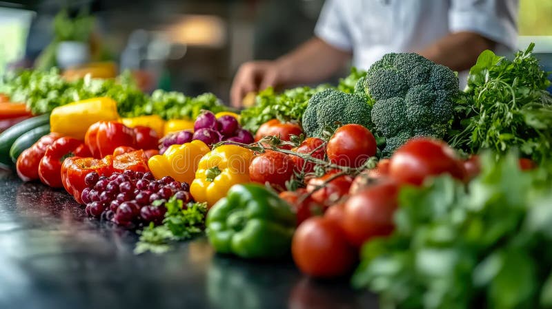 A Market Table Full of Fresh Vegetables Including Tomatoes, Bell ...