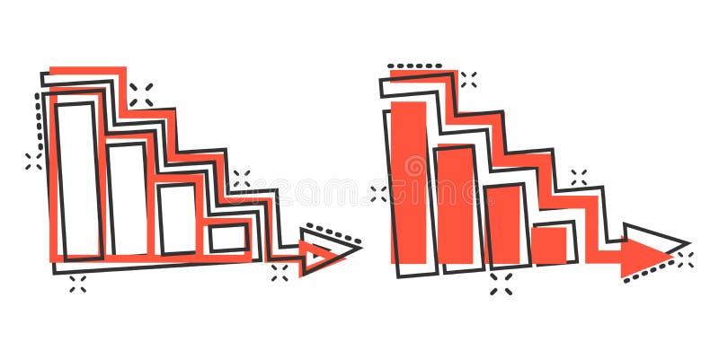 Market Trend Icon in Comic Style. Decline Arrow with Magnifier Cartoon Vector Illustration on ...