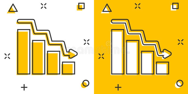 Market Trend Icon in Comic Style. Decline Arrow with Magnifier Cartoon ...