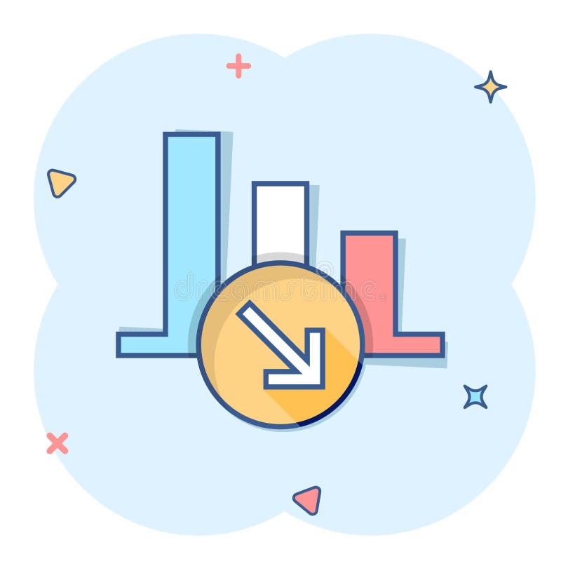 Market Trend Icon in Comic Style. Decline Arrow with Magnifier Cartoon ...