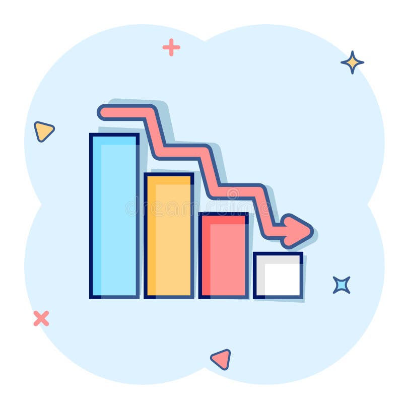 Market Trend Icon in Comic Style. Decline Arrow with Magnifier Cartoon ...