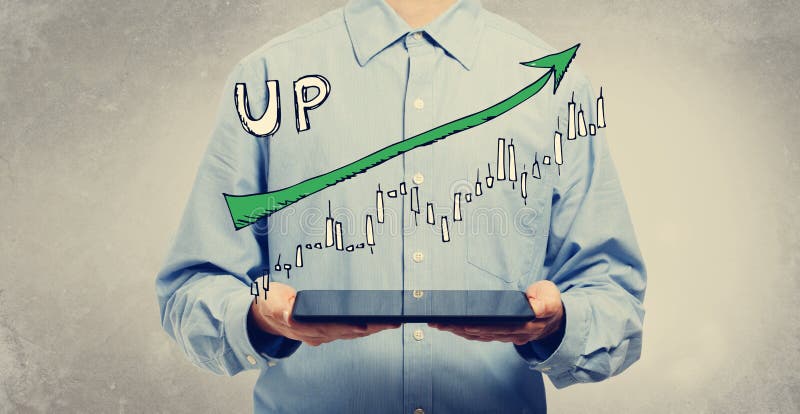 Market Up Trend Chart with Man Holding a Tablet Stock Image - Image of ...