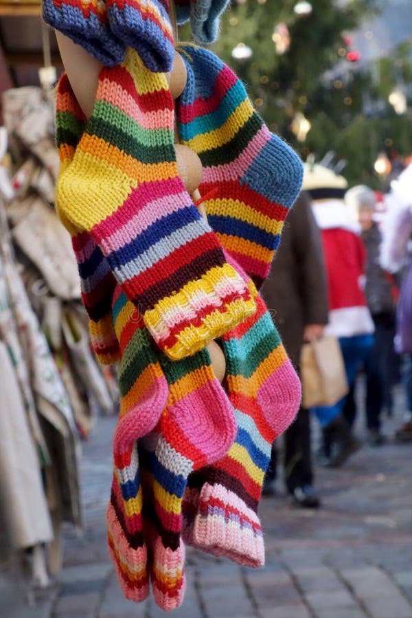 In the Market a Wide Selection of Different Colored Hand-knitted Socks ...
