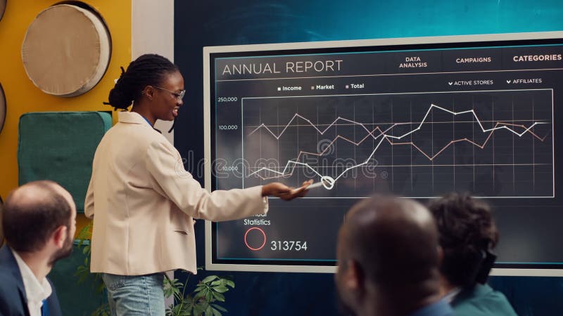 Marketing Assistant Presenting Infographics in a Status Update Meeting ...