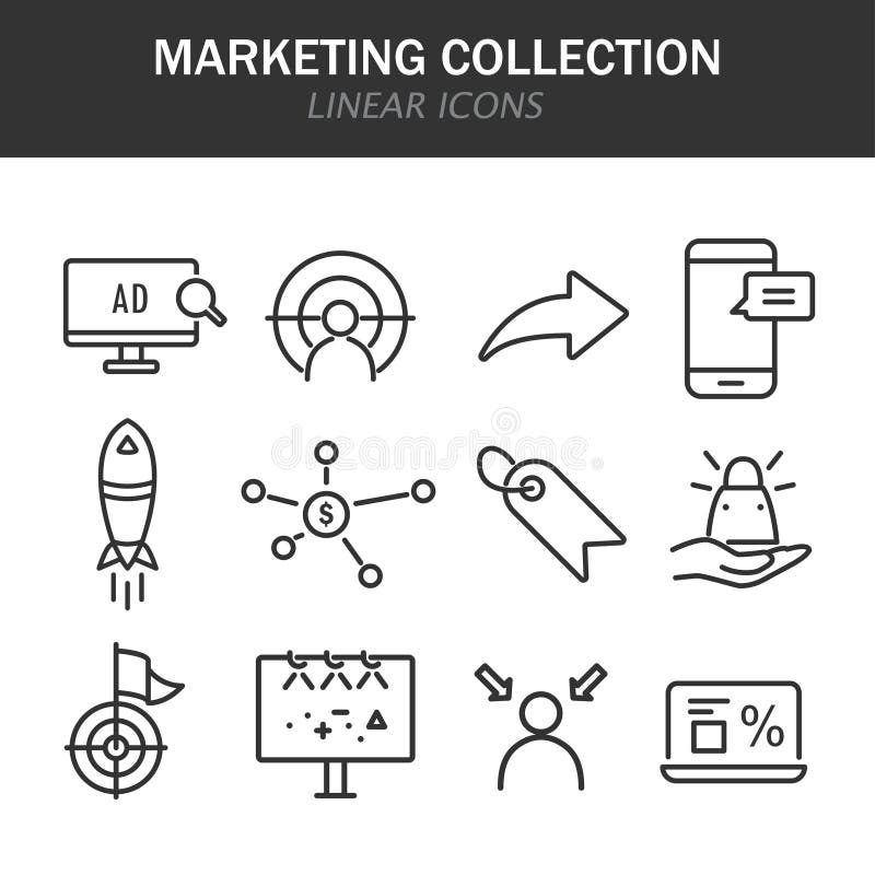 Marketing Collection Linear Icons In Black On A White Background Stock ...
