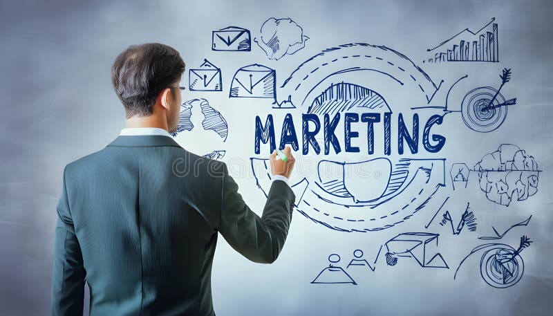 Marketing Concept with Businessman Drawing Marketing Tools in Outline ...